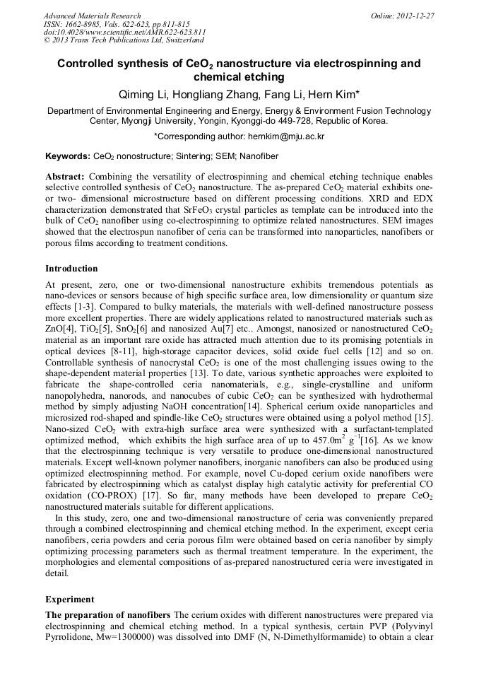 Controlled Synthesis of CeO2 Nanostructure via Electrospinning and ...