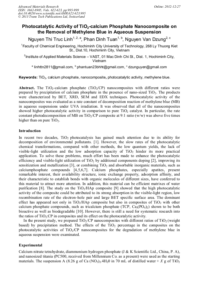Photocatalytic Activity of TiO2-Calcium Phosphate Nanocomposite on the ...