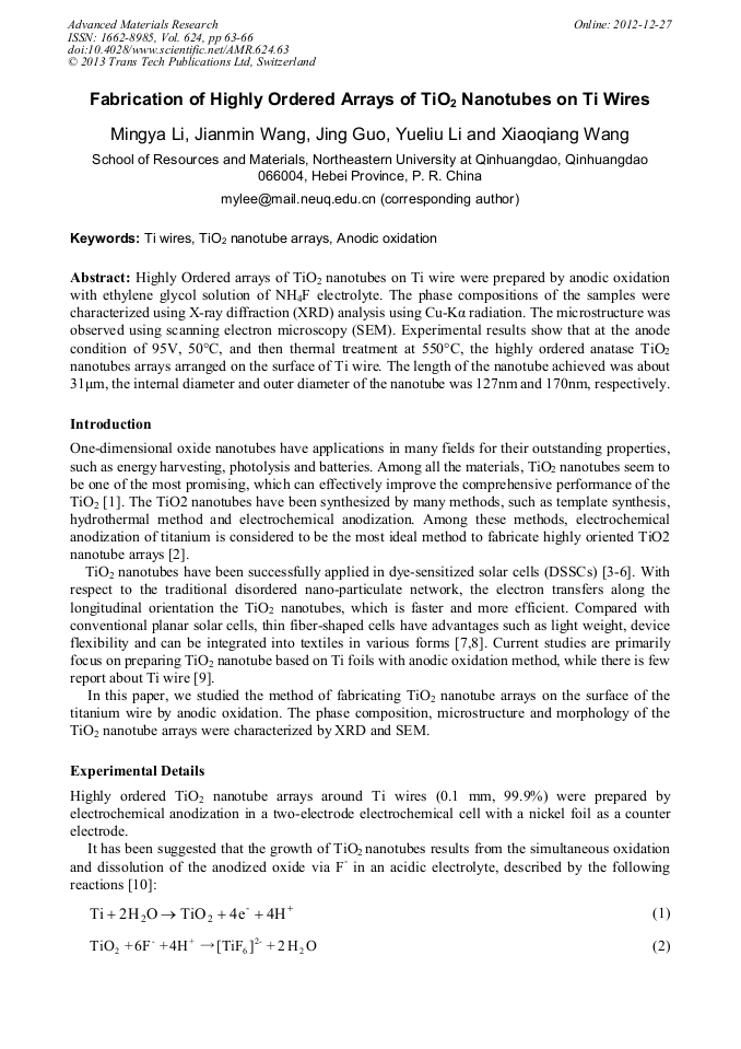 Fabrication of Highly Ordered Arrays of TiO2 Nanotubes on Ti Wires ...