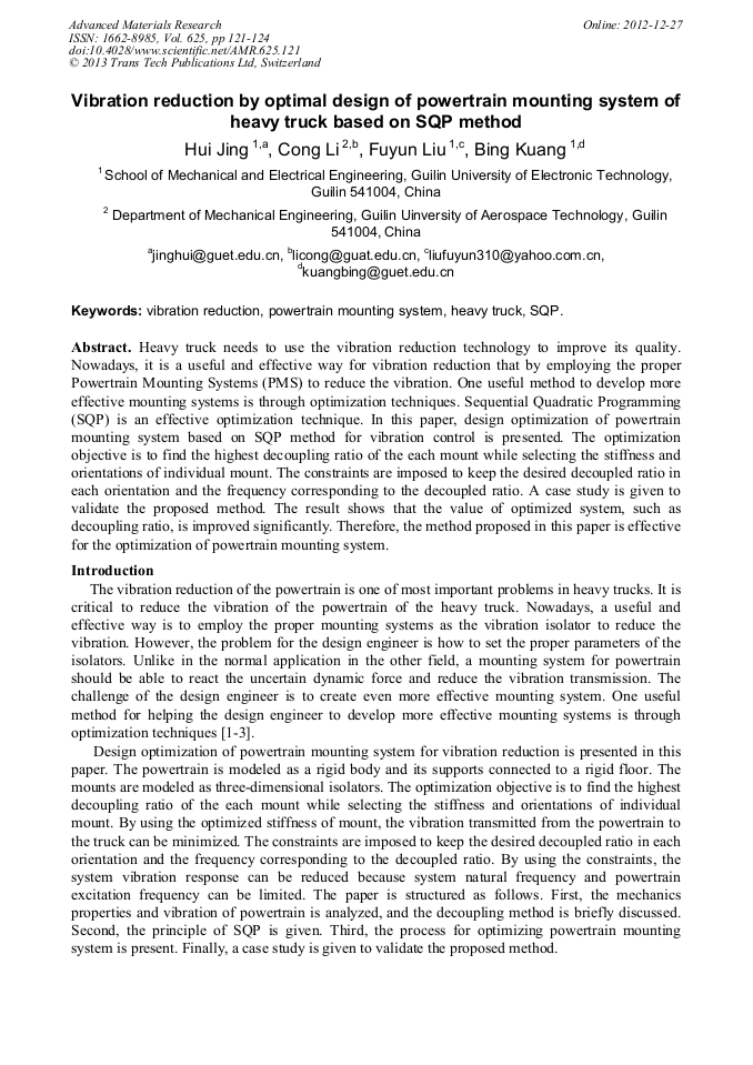 Vibration Reduction by Optimal Design of Powertrain Mounting System of ...