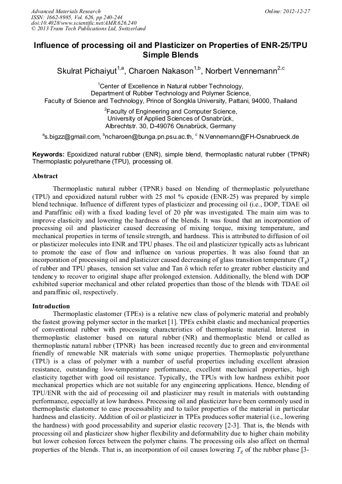 Influence of Processing Oil and Plasticizer on Properties of ENR-25/TPU ...