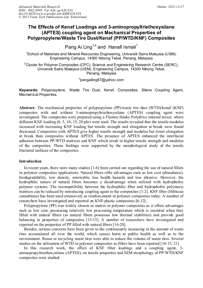 The Effects of Kenaf Loadings and 3-aminopropyltriethoxysilane (APTES ...