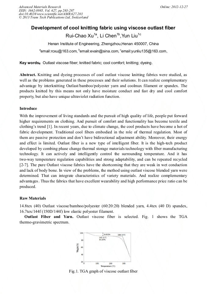 Development of Cool Knitting Fabric Using Viscose Outlast Fiber ...