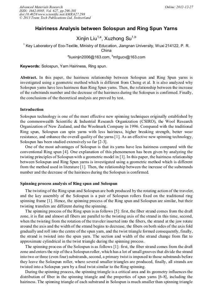 Hairiness Analysis between Solospun and Ring Spun Yarns | Scientific.Net