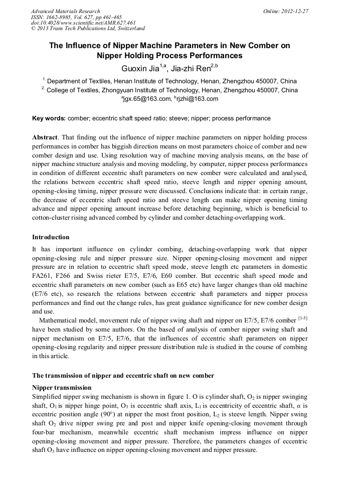The Influence of Nipper Machine Parameters in New Comber on Nipper ...
