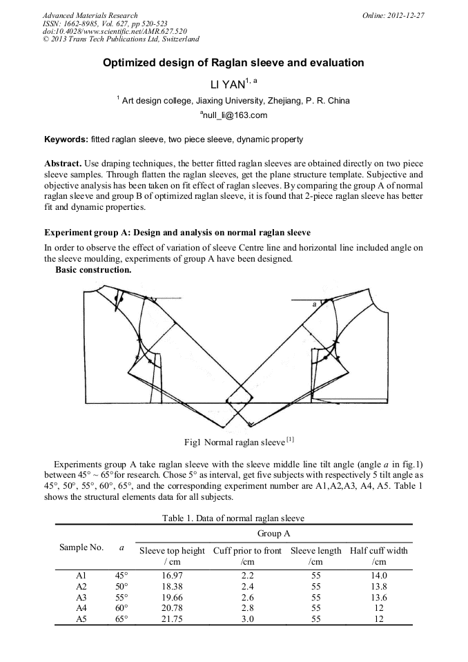 Optimized Design of Raglan Sleeve and Evaluation | Scientific.Net