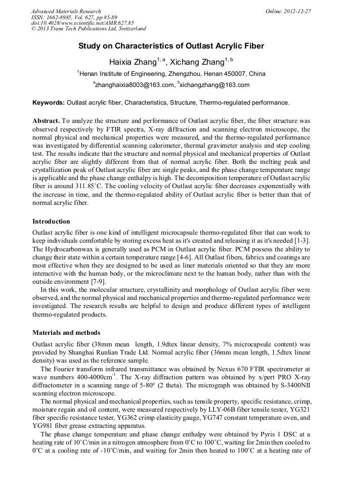 Study on Characteristics of Outlast Acrylic Fiber | Scientific.Net