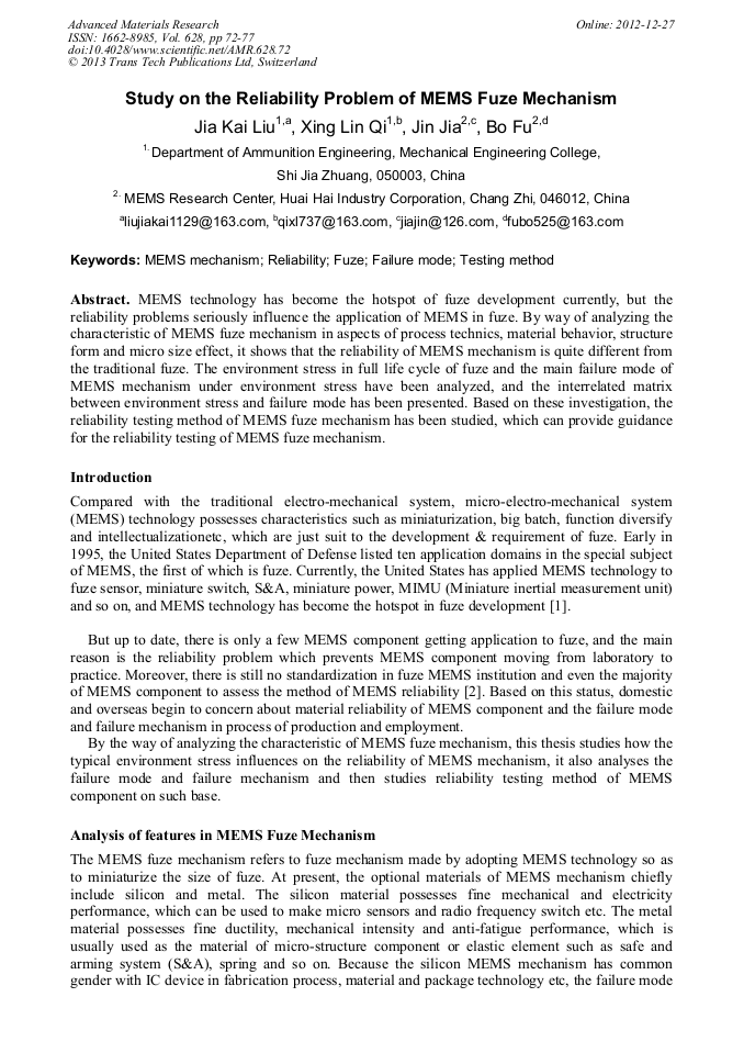 Study on the Reliability Problem of MEMS Fuze Mechanism | Scientific.Net