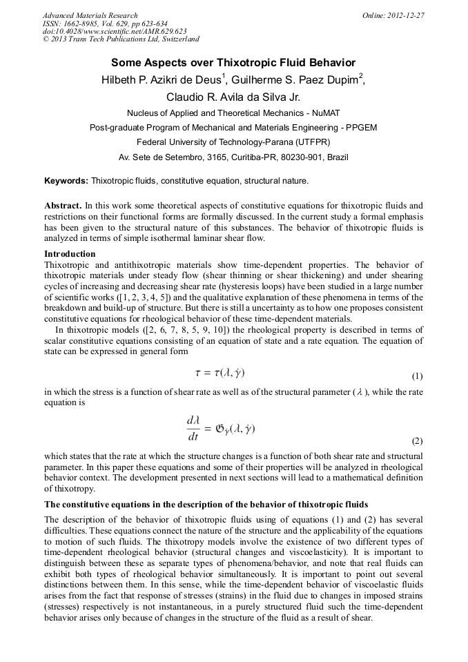 Some Aspects over Thixotropic Fluid Behavior | Scientific.Net