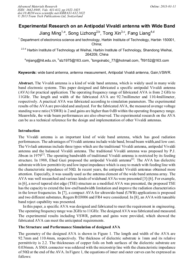 Experimental Research on an Antipodal Vivaldi Antenna with Wide Band ...