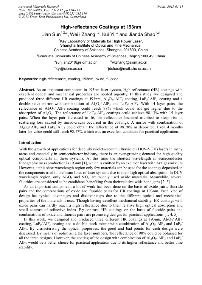 High-Reflectance Coatings at 193nm | Scientific.Net