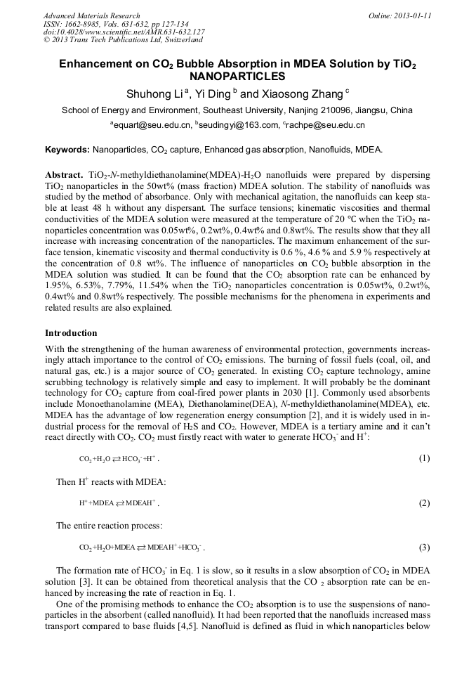 Enhancement on CO2 Bubble Absorption in MDEA Solution by TiO2 ...