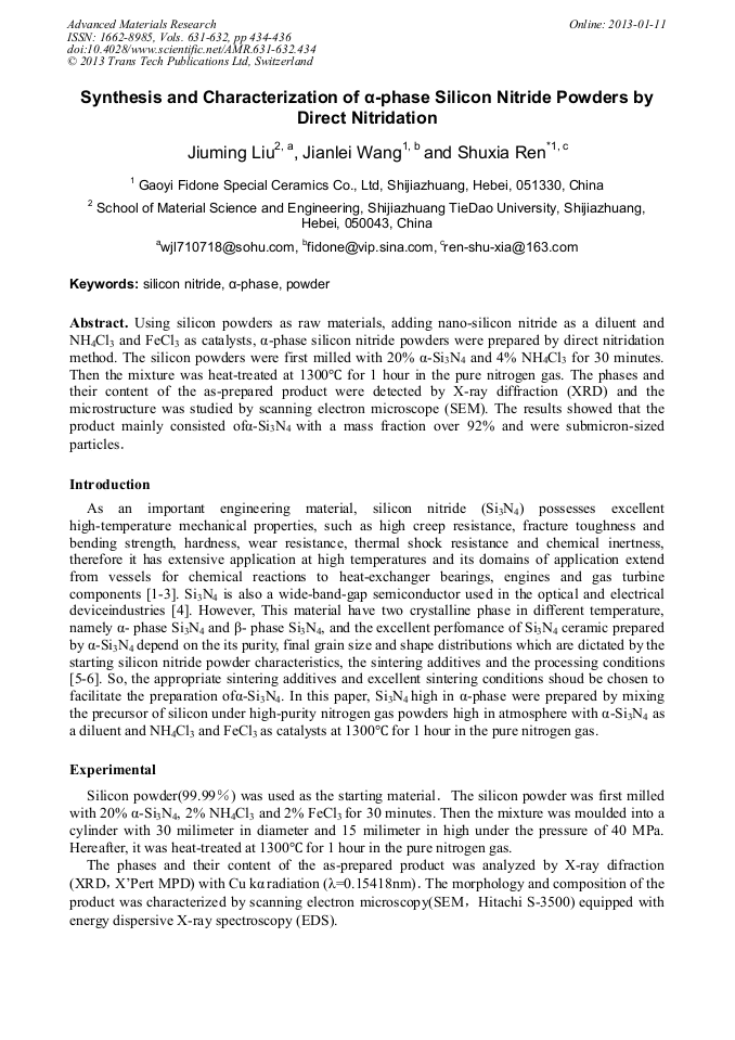 Synthesis and Characterization of α-Phase Silicon Nitride Powders by ...