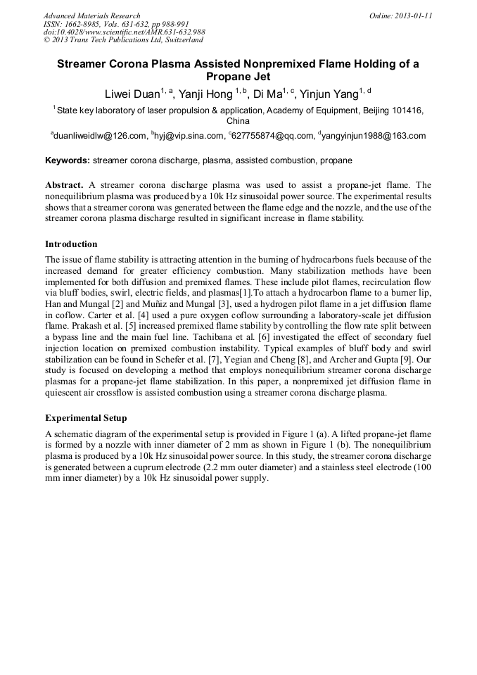 Streamer Corona Plasma Assisted Nonpremixed Flame Holding of a Propane ...