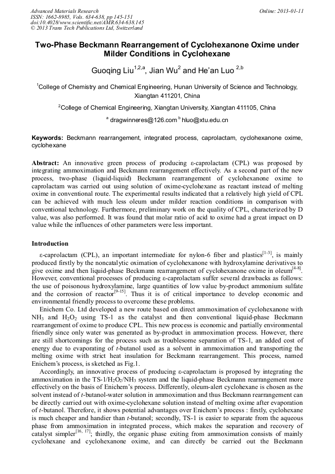 Two-Phase Beckmann Rearrangement of Cyclohexanone Oxime under Milder ...