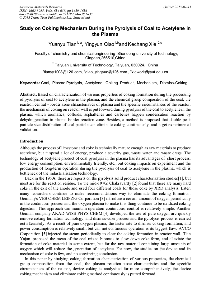 Study on Coking Mechanism during the Pyrolysis of Coal to Acetylene in ...