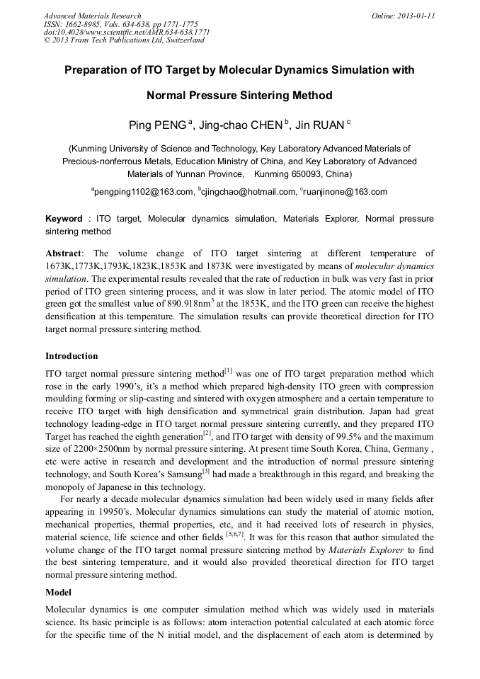 Preparation of ITO Target by Molecular Dynamics Simulation with Normal ...