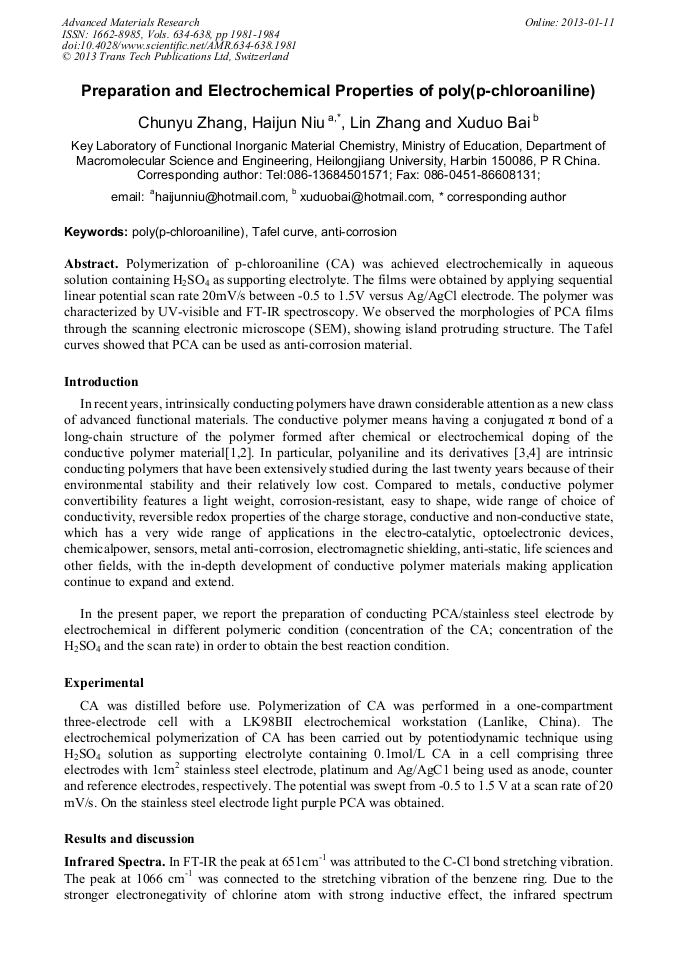 Preparation and Electrochemical Properties of Poly(p-Chloroaniline ...