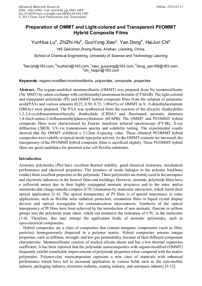 Preparation of OMMT and Light-Colored and Transparent PI/OMMT Hybrid ...