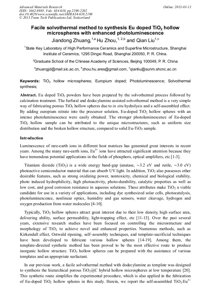 Facile Solvothermal Method to Synthesis Eu Doped TiO2 Hollow ...