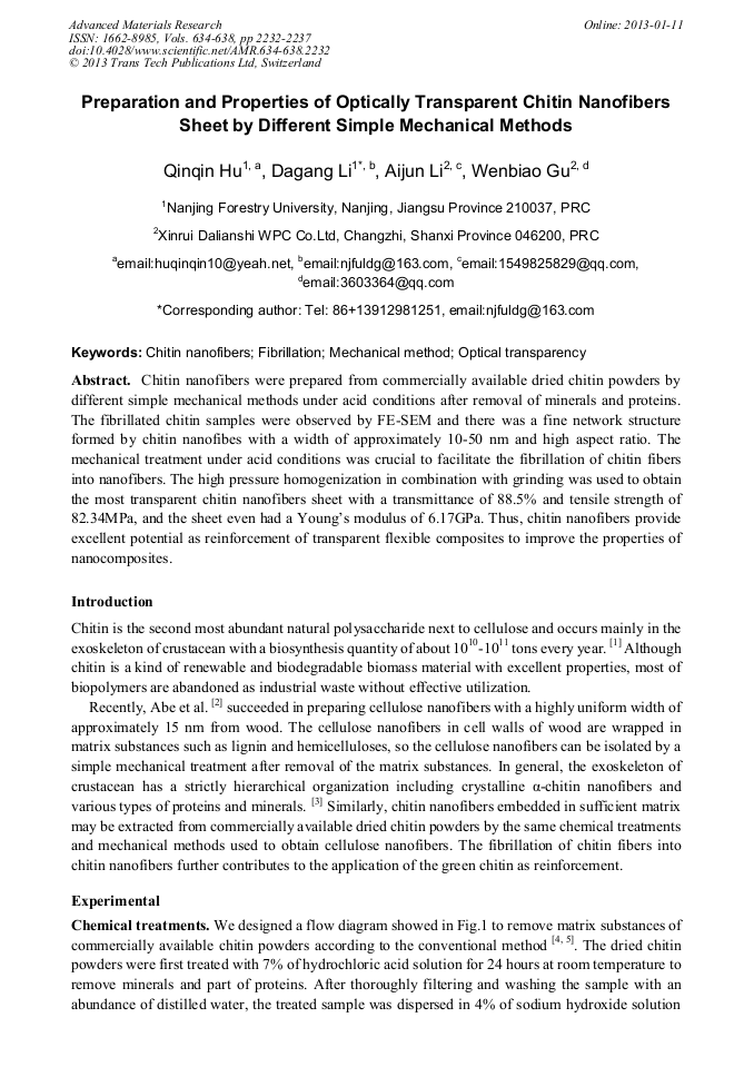 Preparation and Properties of Optically Transparent Chitin Nanofibers ...