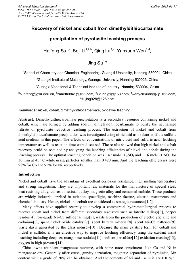 Recovery of Nickel and Cobalt from Dimethyldithiocarbamate ...