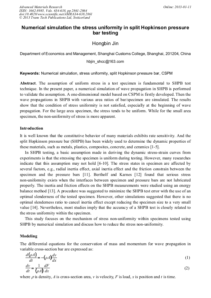 Numerical Simulation the Stress Uniformity in Split Hopkinson Pressure ...