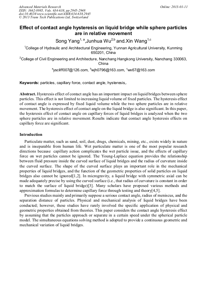 Effect of Contact Angle Hysteresis on Liquid Bridge while Sphere ...