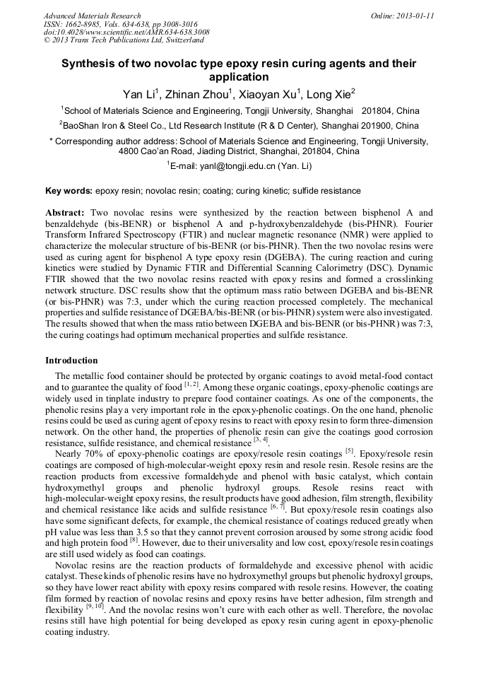 Synthesis of Two Novolac Type Epoxy Resin Curing Agents and their ...