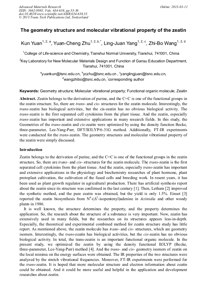 The Geometry Structure and Molecular Vibrational Property of the Zeatin ...