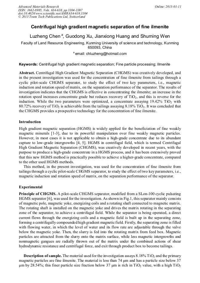 Centrifugal High Gradient Magnetic Separation of Fine Ilmenite ...