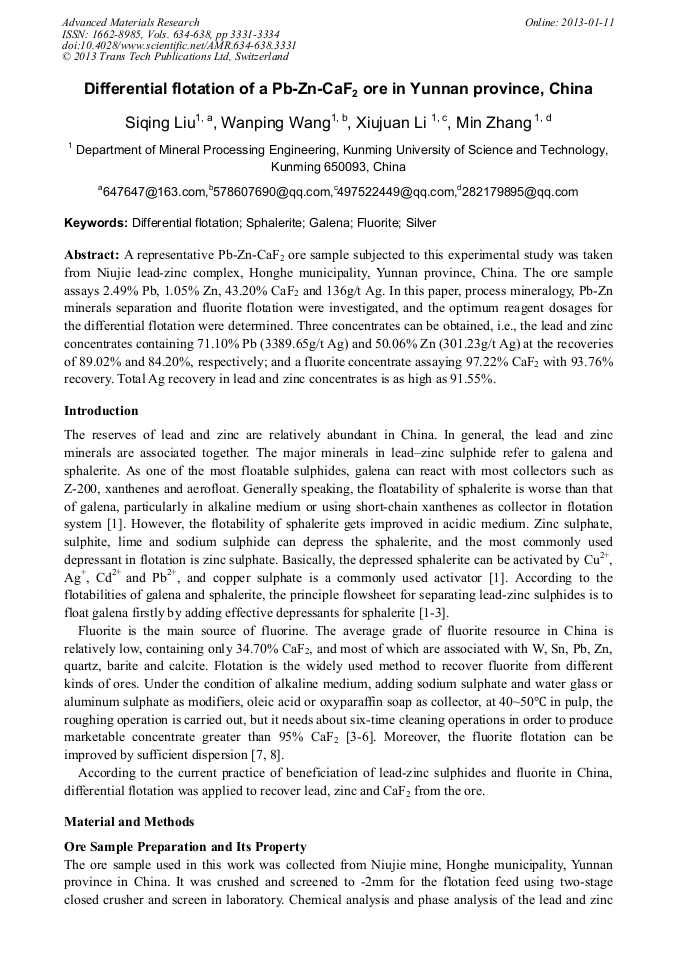 Differential Flotation of a Pb-Zn-CaF2 Ore in Yunnan Province, China ...