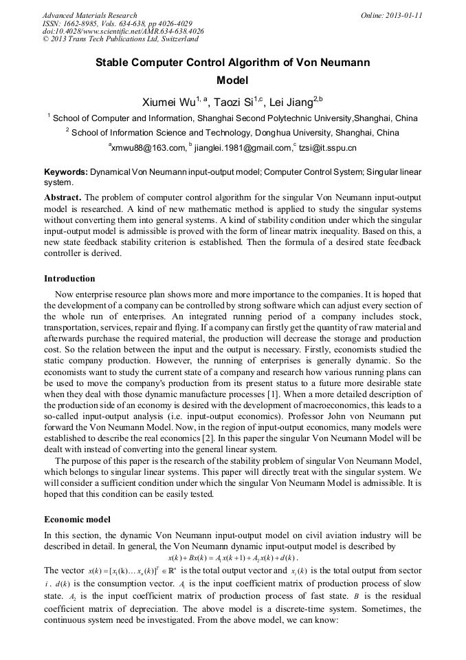 Stable Computer Control Algorithm of Von Neumann Model | Scientific.Net