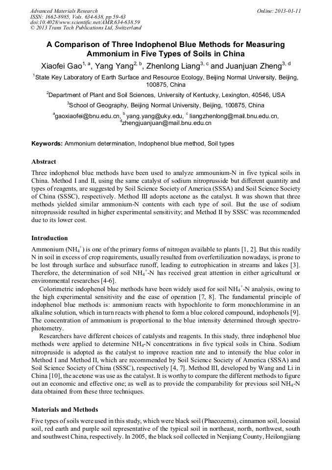 A Comparison of Three Indophenol Blue Methods for Measuring Ammonium in ...