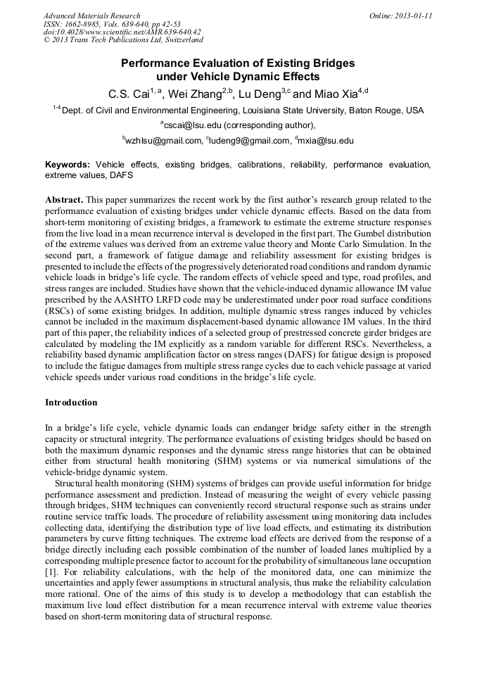 Performance Evaluation of Existing Bridges under Vehicle Dynamic ...