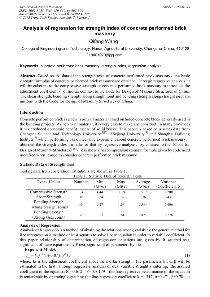 Analysis of Regression for Strength Index of Concrete Performed Brick Masonry | Scientific.Net