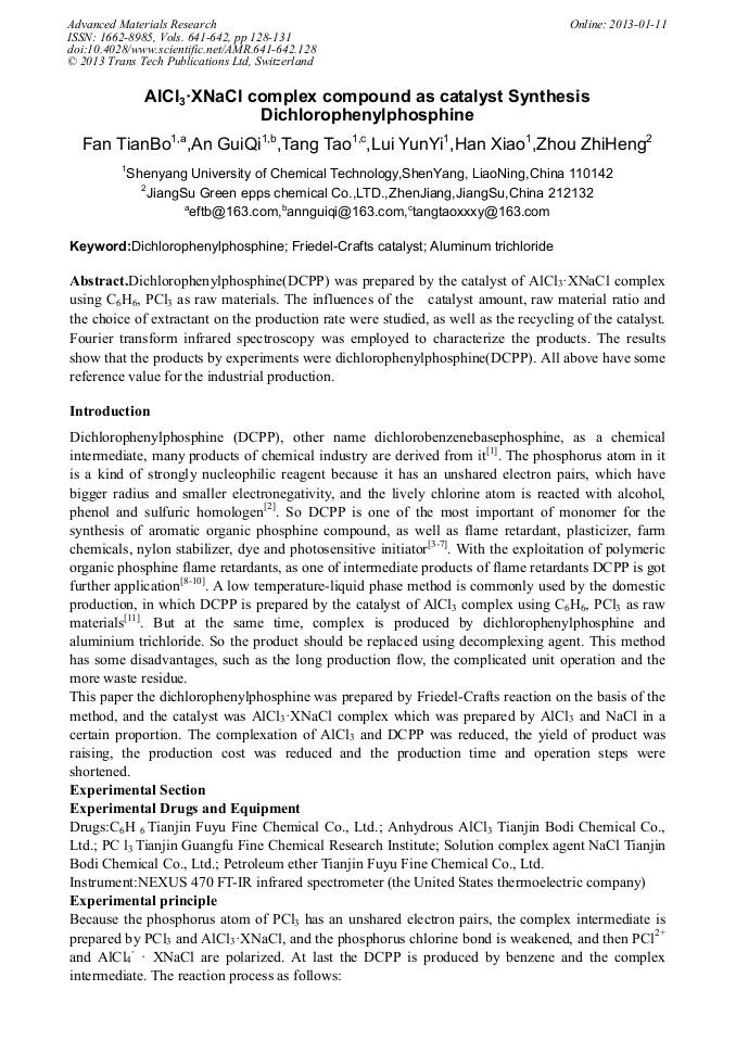 AlCl3·XNaCl Complex Compound as Catalyst Synthesis ...