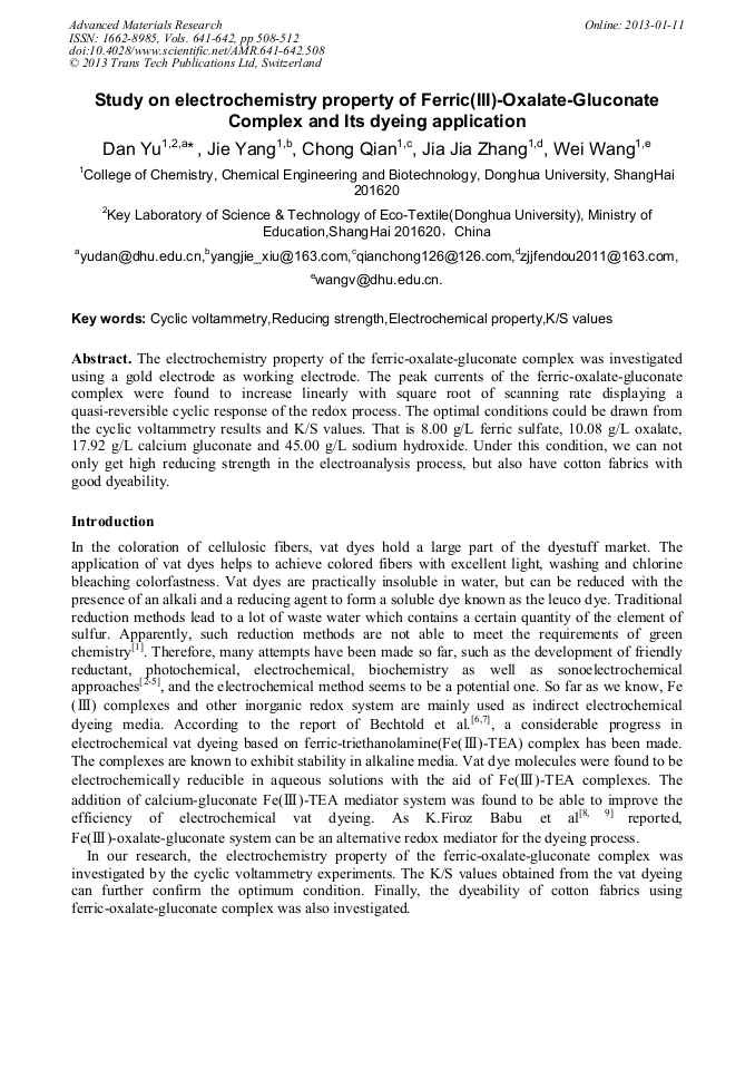 Study on Electrochemistry Property of Ferric(III)-Oxalate-Gluconate ...
