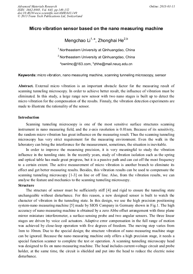 Micro Vibration Sensor Based on the Nano Measuring Machine | Scientific.Net