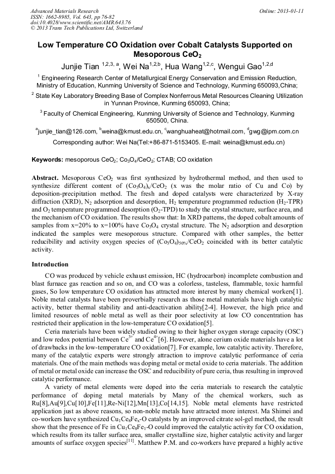 Low Temperature CO Oxidation over Cobalt Catalysts Supported on ...