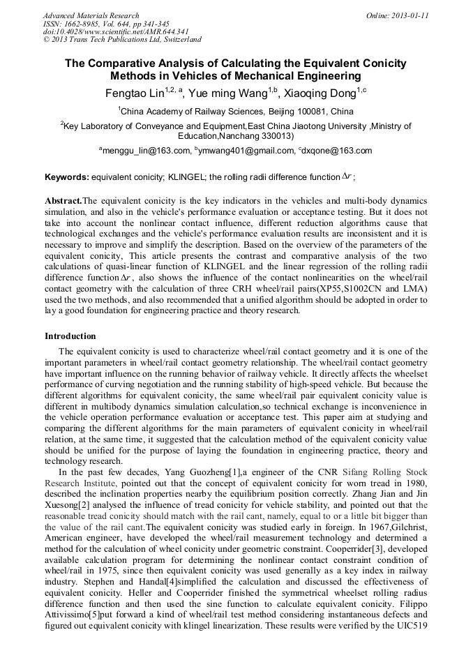 The Comparative Analysis of Calculating the Equivalent Conicity Methods ...