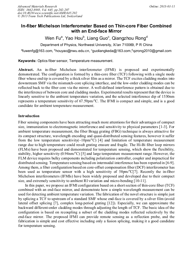 In-Fiber Michelson Interferometer Based on Thin-Core Fiber Combined ...