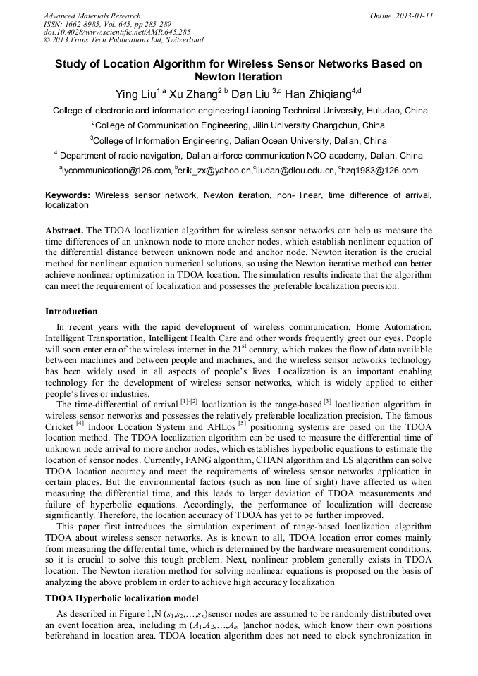 Study of Location Algorithm for Wireless Sensor Networks Based on ...