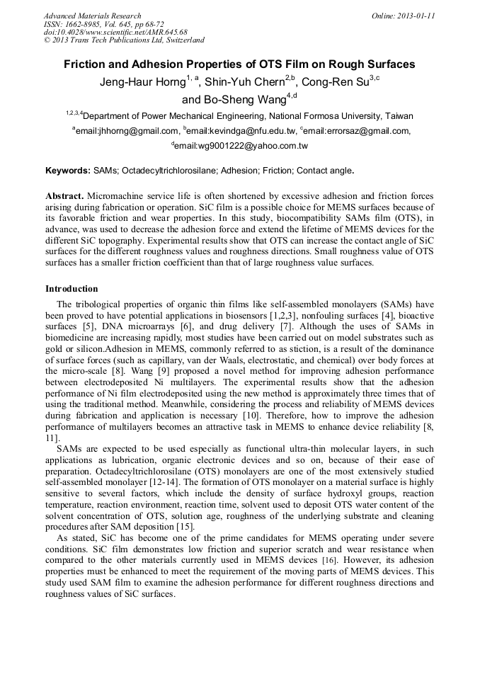 Friction and Adhesion Properties of OTS Film on Rough Surfaces ...