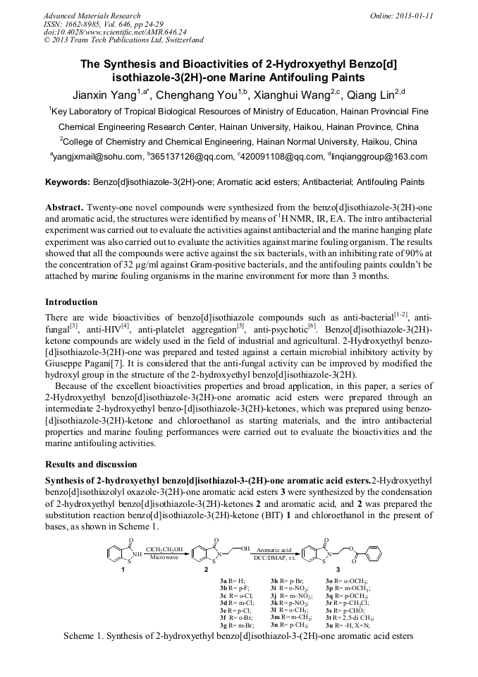 The Synthesis and Bioactivities of 2-Hydroxyethyl Benzo[d] Isothiazole ...