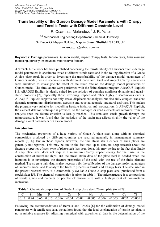 Transferability of the Gurson Damage Model Parameters with Charpy and ...