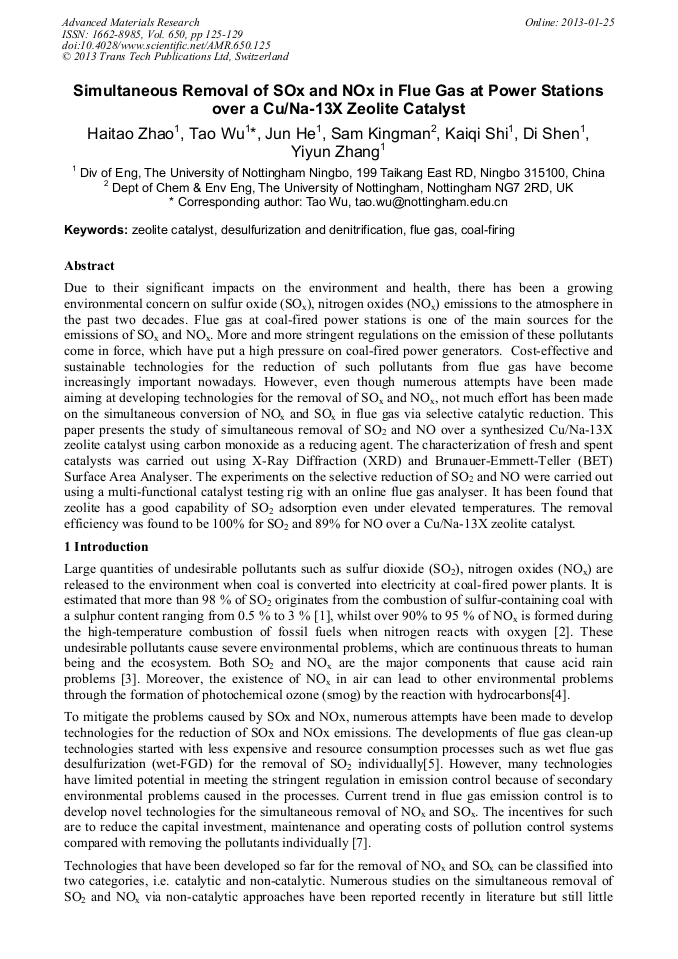 Simultaneous Removal of SOx and NOx in Flue Gas at Power Stations over ...