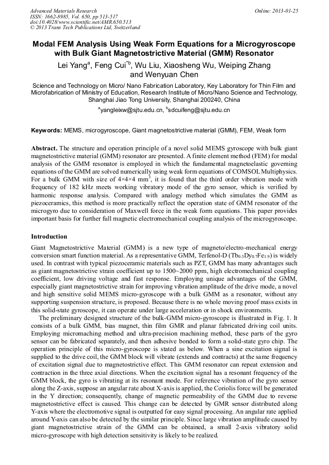 Modal FEM Analysis Using Weak Form Equations for a Microgyroscope with ...