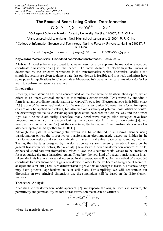 The Focus of Beam Using Optical Transformation | Scientific.Net