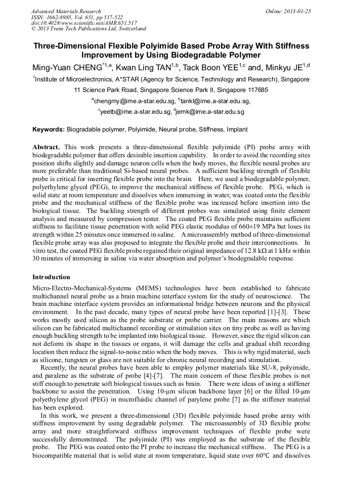 Three-Dimensional Flexible Polyimide Based Probe Array with Stiffness ...